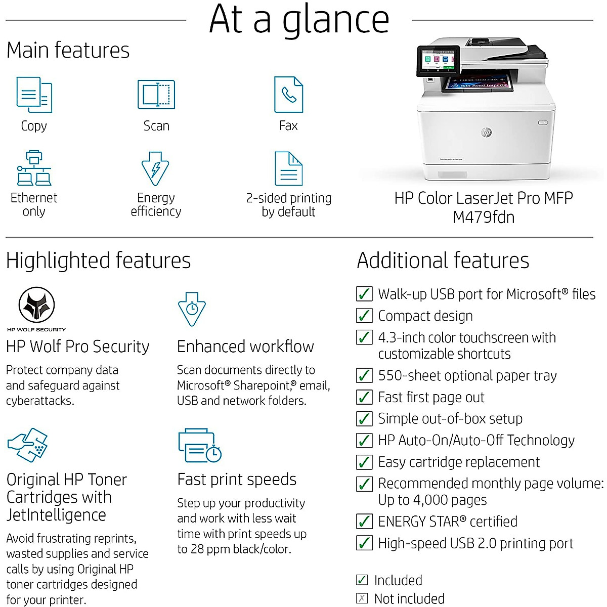 HP Color Laserjet Pro MFP M479fdn All-in-One Laser Printer, Print&Copy&Scan&Fax, 28ppm, 600x600dpi, Auto 2-Sided Printing, 4.3" Color Touchscreen Display, Ethernet, No Wi-Fi, Lanbertent Printer Cable
