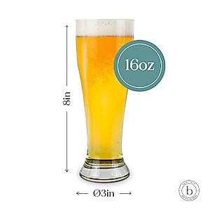 brimley 16oz Nucleated Pilsner Beer Glasses Set of 4 - Craft Beer Drinking Glasses Set for Pilsners & Other Lighter Beers - Dishwasher Safe/Freezer Safe Glass Pint Glasses - Beer Gifts