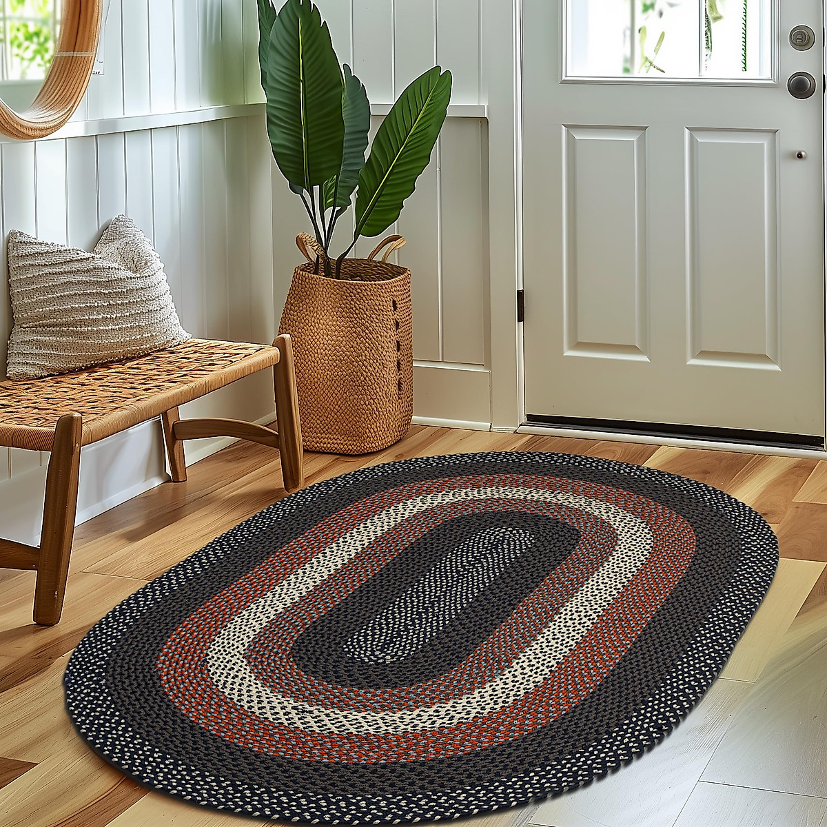 Super Area Rugs Rustic Red/White/Blue Braided Rug for Entryway/Foyer, Washable Navy Indoor Outdoor Braided Rug for Patio/Porch 3' x 5' Oval