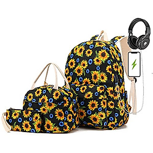 Pawsky School Backpack for Teen Girls, Water Resistant Laptop Backpack Womens Bookbag with Lunch Bag and Pencil Case, Sunflower