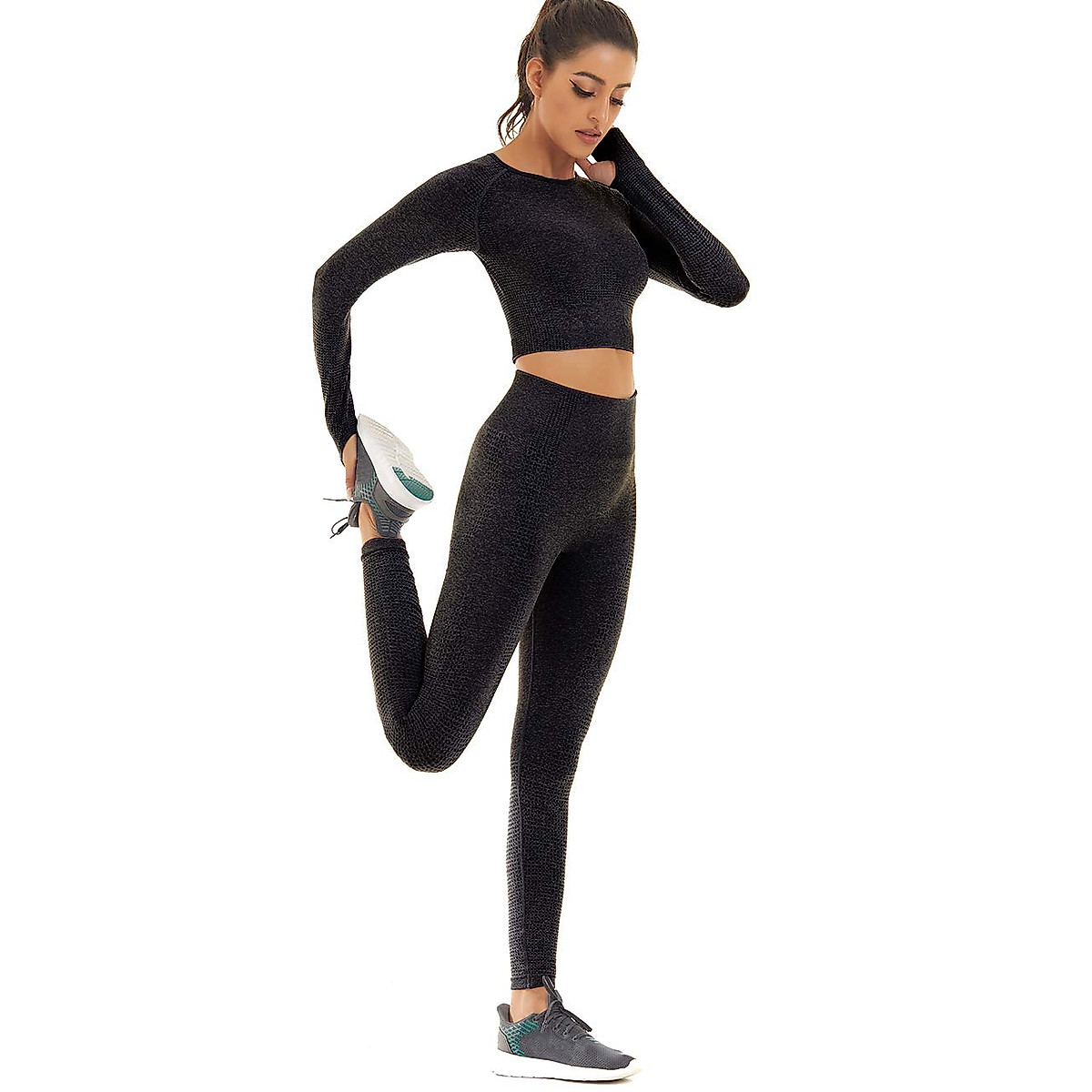 Toplook Women Seamless Workout Outfits Athletic Set Leggings + Long Sleeve Top 2 Pieces(Black, Medium)