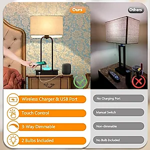 Set of 2 Wireless Charging Touch Control 3-Way Dimmable Table Lamps, Beside Nightstand Lamps for Bedroom with USB Port & AC Outlet, Living Room Office End Table Modern Black Lamps, LED Bulbs Included