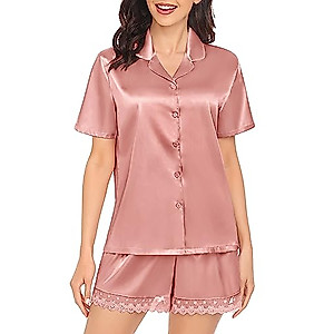 SWOMOG Ladies Pajamas Sets Satin Pajamas Womens Short Sleeve Sleepwear Soft Silky 2 Piece Loungewear Pjs for Bridal