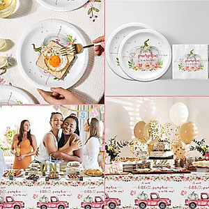 Yuzioey 177pcs Pumpkin Baby Shower Decorations, A Little Pumpkin is On The Way, Fall Pink Pumpkin Disposable Dinnerware (Serve 25 Guests)with Paper Plates Cups Napkins, Banner Tablecloth