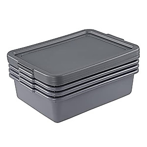 Jekiyo 13 L Plastic Bus Tray with Lid, 4 Pack Bus Tub Box, Grey