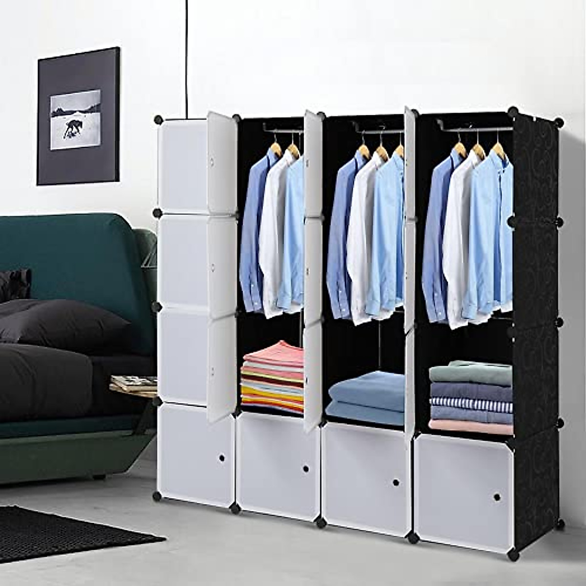 Kopokd Maximize Home Organization with Stackable Modular Shelving Closet Organizer - Plastic Storage Cubes with Hanging Rod and Wardrobe Cabinet Plus White Doors and Black Panels