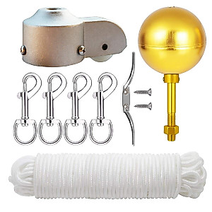 EKEV Flag Pole Hardware Parts Repair Kits - 3" Topper Gold Ball + 50 Ft Halyard Rope + 6" Cleat Hook + 4 Flag Swivel Snap Hooks + Flagpole Pulley Truck for 2" OD Tube
