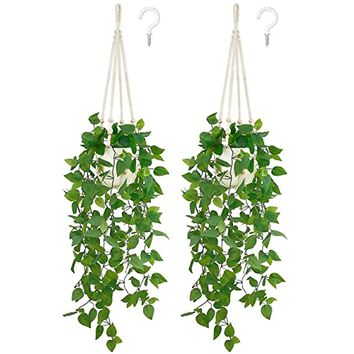 Mkono 2 Packs Fake Hanging Plant with Pot, Artificial Plants for Home Decor Indoor Macrame Plant Hanger with Fake Vines Faux Hanging Planter Greenery for Bedroom Bathroom Office Decor, Ivory (Pothos)