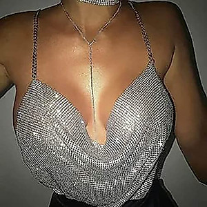 Fstrend Rhinestones Body Chains Chest Sparkly Crystal Bikini Bra Silver Halter Backless Party Rave Accessories for Women(Silver)