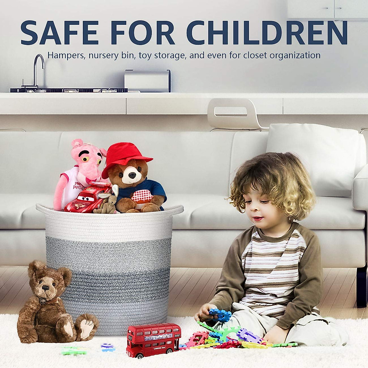 COSYLAND Large 15.7“x15.7“x10“ Storage Laundry Basket Woven Cotton Rope Organizer for Blanket Toys Towels Baby Nursery Hamper Bin with Handle