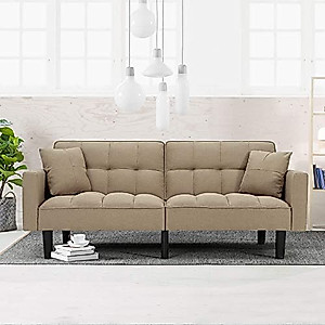 HOMHUM Convertible Sleeper Sofa Bed Modern Linen Fabric Couch Bed Futon Sofa Bed with 2 Pillows for Living Room, Apartment, Guest Room, Gentle Khaki