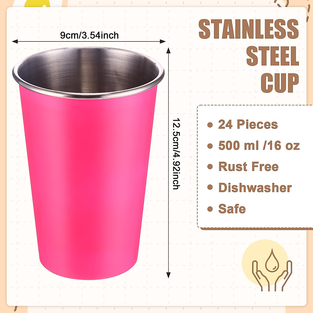 Hushee 24 Pack 16 oz Stainless Steel Pint Cups Metal Cups 24 Colors Unbreakable Drinking Glasses Water Tumblers Stackable Cup for Kids Adults Bar Home Restaurant Travel Picnic Camping Outdoor