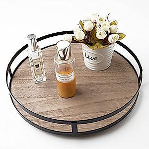 Defined Deco Decorative Tray Wood Tray Decor Round Tray with Metal Handle Decorative Trays for Home Decor Farmhouse Serving Tray, Brown