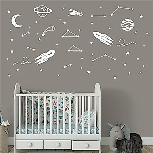 UILMNIY The Outer Sapce Spaceship Rocket Wall Decor Sticker for Kids Room Art Constellation Stars Moon Space Wall Decal for Nursery Room Bedroom Decor Mural AFN127 (White)
