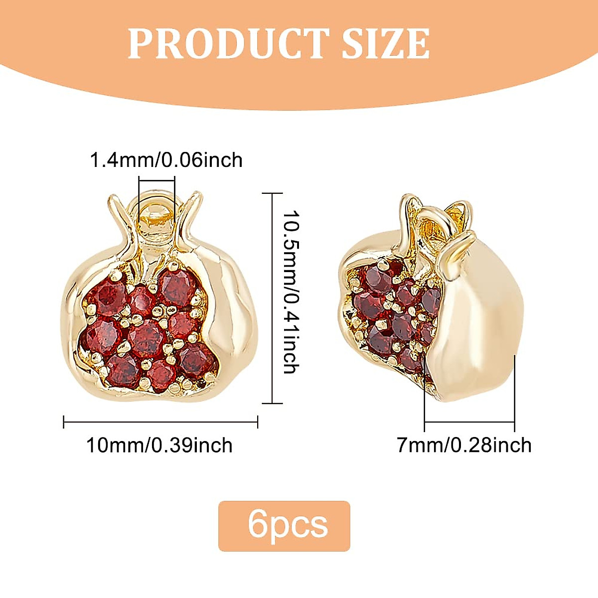 BENECREAT 6pcs Real 18K Gold Plated Pomegranate Cubic Zirconia Charm Brass Pendant with Red Zirconia Pomegranate Seeds for Bracelet Necklace Jewelry Making, 10.5x10x7mm