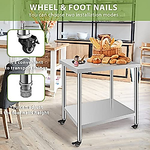HXCFYP Stainless Steel Table for Prep & Work with Caster 24x24 Inches, NSF Metal Commercial Kitchen Table with Under Shelf and AdjustableTable Foot for Restaurant, Home and Hotel