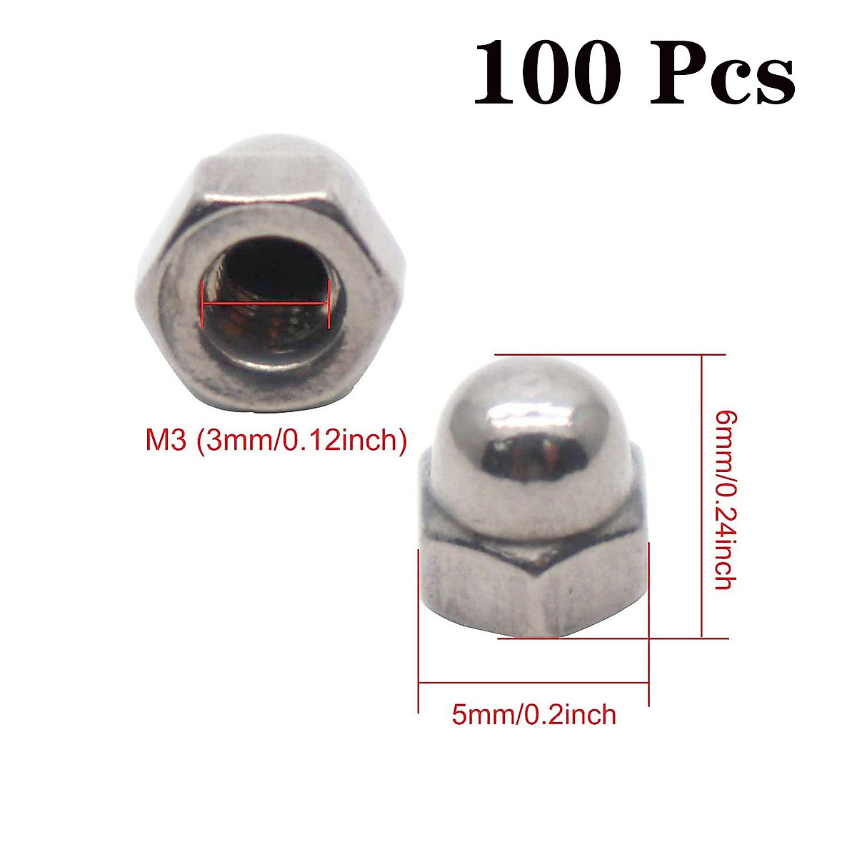 M3-0.5 Metric Acorn Cap Nuts Dome Head Nuts, 304 Stainless Steel 18-8, Plain Finish,Hex Acorn Cap,Nuts Decorative Nut Caps (100 Pcs)