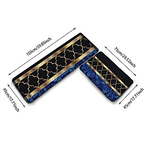 Becmd 2 Pieces Kitchen Rugs and Mat,Elegant Blue Black & Gold Quatrefoil Pattern Non-Slip Kitchen Floor Mat Soft Bath Rug Doormat Carpet Set Blue,gold onesize