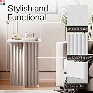 Square Fluted Accent Side Table - Drink Table - Living Room Furniture - Modern Home and Bedroom Decor - Pedestal Side Table with a Solid Oak Base (White)