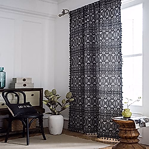 Boho Geometric Semi-Blackout Curtains for Bedroom Farmhouse Room Decor Curtains 2 Panels Black White Burlap Linen Curtains Rod Pocket for Living Room,Tassel,52 x 84 Inches