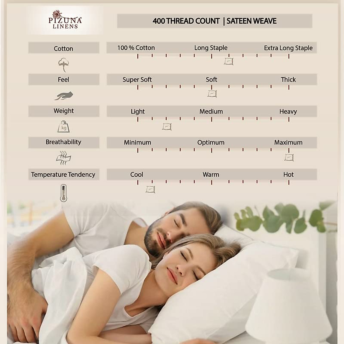 Pizuna 100% Cotton Sheets for Queen Size Bed White, 400 Thread Count Long Staple Combed Cotton, Sateen Cooling Sheets Queen, 15 Inch Deep Pocket Queen Sheets Set (White Cotton Bed Sheets Queen)