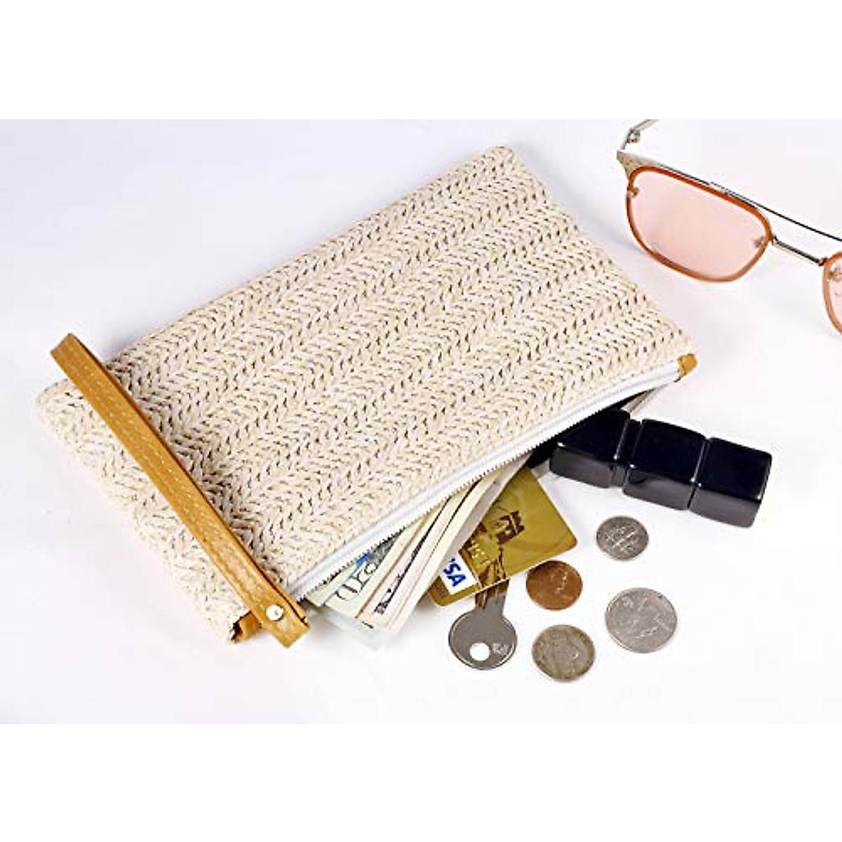 COOKOOKY Women's Straw Clutch Bag Bohemian Zipper Wristlet Womens Summer Beach Sea Purse Straw Wallets For Women (Beige- White)