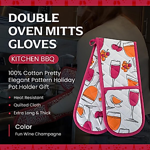 Kitchen BBQ Modern Fun Party Double Oven Mitts Gloves | Extra Long & Thick, Heat Resistant | Quilted Cloth Attached 1 Piece Oven Gloves | 100% Cotton Wine Christmas Champagne Pot Holder
