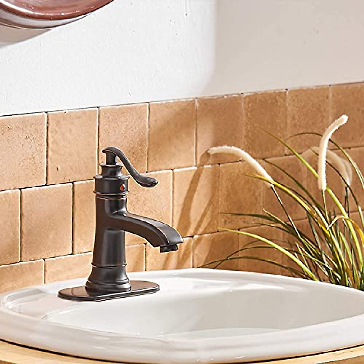 Bathfinesse Oil Rubbed Bronze Bathroom Faucet Single Handle Single Hole Farmhouse Stream Bathroom Sink Faucets & Parts with Pop Up Drain Assembly Vanity Supply Hose Lead-Free