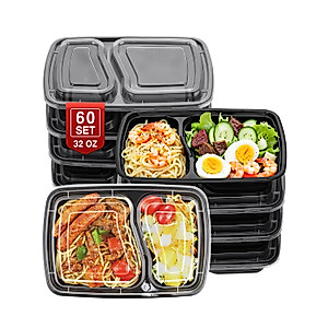 NEEBAKE 60 Sets 32oz Meal Prep Containers 2 Compartment - Plastic Food Storage Containers 2 Compartments with Lids