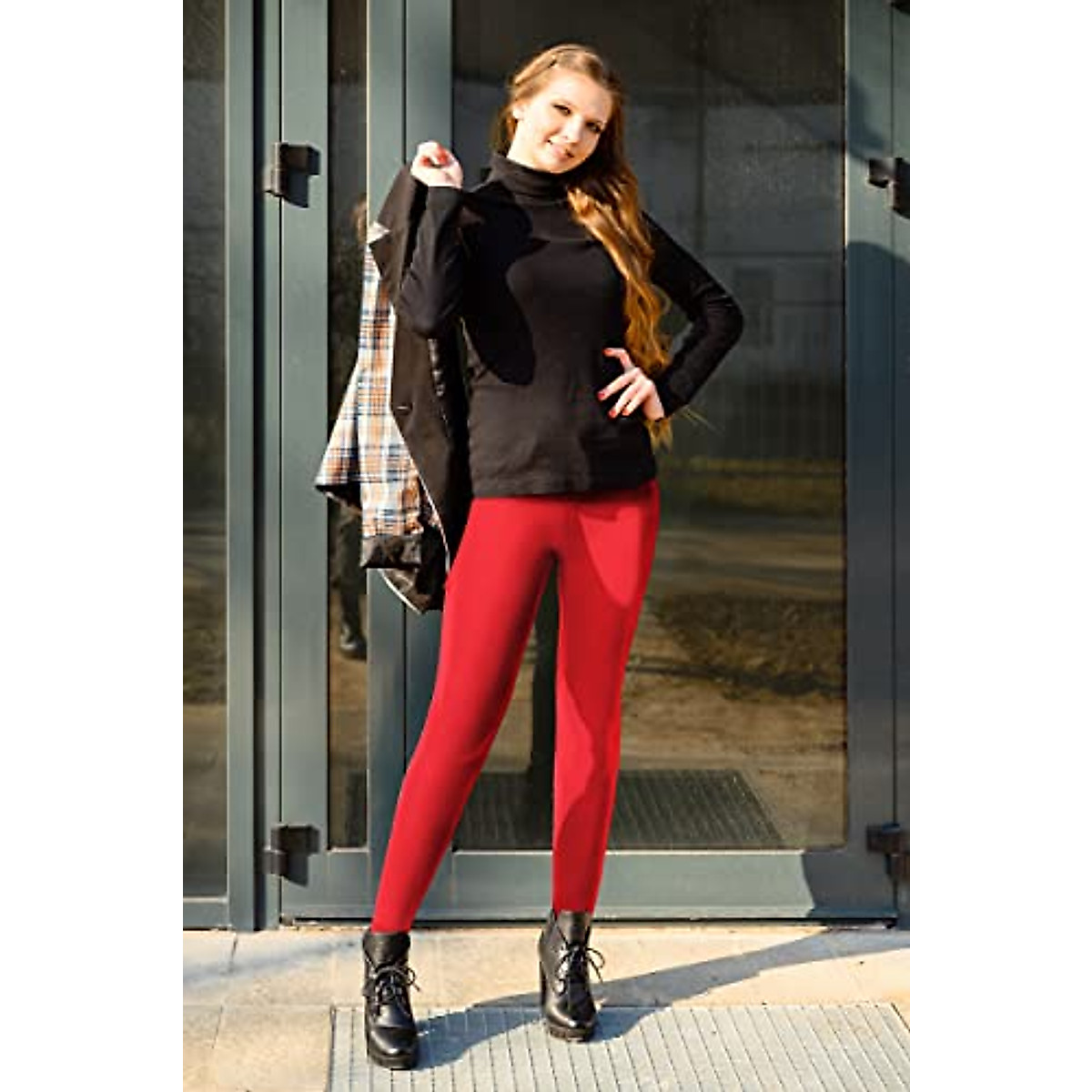 NORMOV High Waisted Leggings for Women, Workout Soft Tummy Control Yoga Pants (Red, M) 1