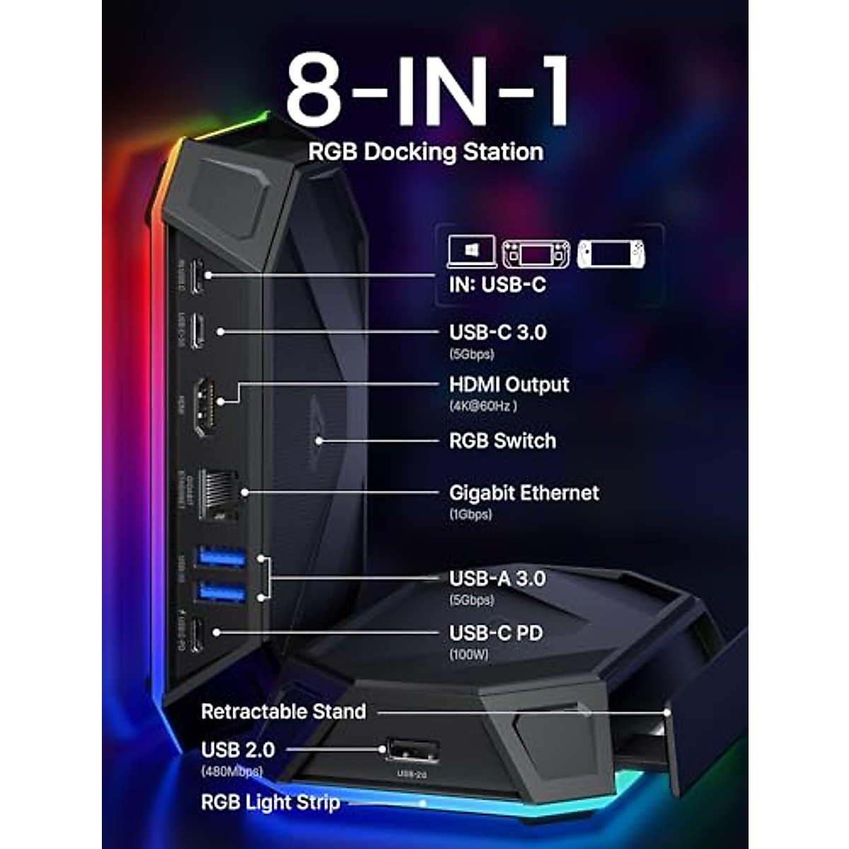 JSAUX RGB Docking Station for Steam Deck & ROG Ally, 8-in-1 Steam Deck Dock with HDMI 2.0 4K@60Hz, Gigabit Ethernet, USB-C 3.0, Dual USB-A 3.0, USB 2.0 and 100W USB-C Charging Port-HB0801(Black)