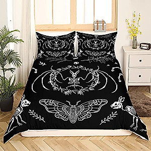 Moth Animal Theme Duvet Cover Queen Size,Gothic Skull Boho Comforter Cover with 2 Pillowcase for Adults,Black and White Skeleton Decorative Soft Bedding Set