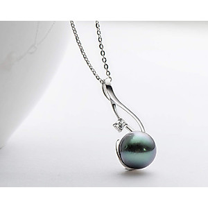 DENGGUANG Tahitian Black Pearl Necklace Genuine 9.5-10mm Round South Sea Cultured Pearl Pendant 18K Gold Plated 925 Sterling Silver- Jewelry Gifts for Women Wife Mom Daughter