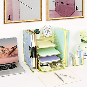 Spacrea 5-Tier Paper Letter Tray Organizer with File Holder - Office Desk Accessories & Workspace Organizers with Drawer and Pen Holder, Cute Desk Organizer for Office Supplies (Gold)