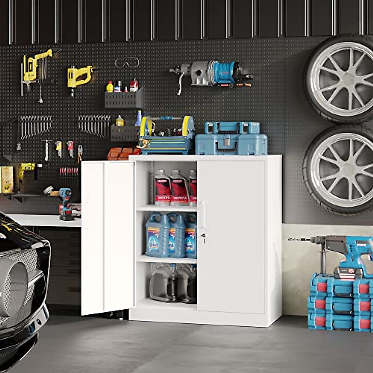 Metal Storage Cabinet with 2 Doors, Lockable Steel Storage Cabinet with 2 Doors and Adjustable Shelves, Steel Lockable File Cabinet, Locking Tool Cabinets for Office,Home,Garage