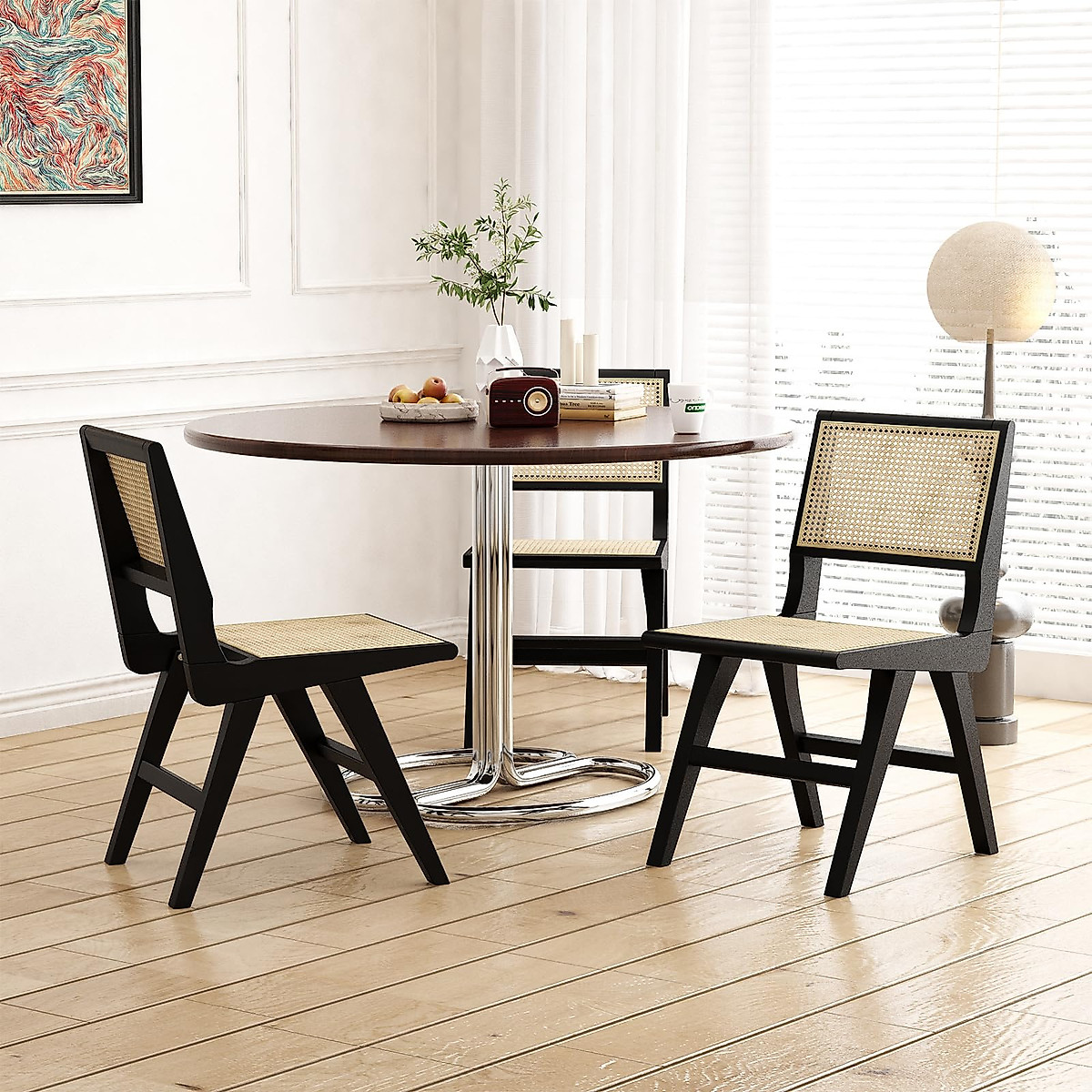 Accent Chair Dining Chairs Set of 2, Solid Wood Frame Boho Rattan Chair, Mid Century Modern Accent Chairs for Living Room Bedroom Dining Room Kitchen(Black)