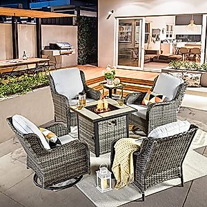 HOOOWOOO Outdoor Patio Furniture Set with Fire Pit Table,6 Pieces Outdoor Conversation Set with Swivel Rocking Chair,Firepit Table and Side Table,High Back Wicker Chairs Patio Set,Gray