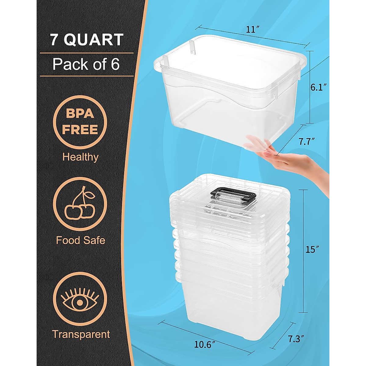 EOENVIVS Plastic Storage Bins 7 Quart-Storage Organizer Bins with Black Buckle Lids, Stackable Storage Bins with Lids for Home Office Kids Room Closet School Art Supplies Organization,6 Packs, Clear