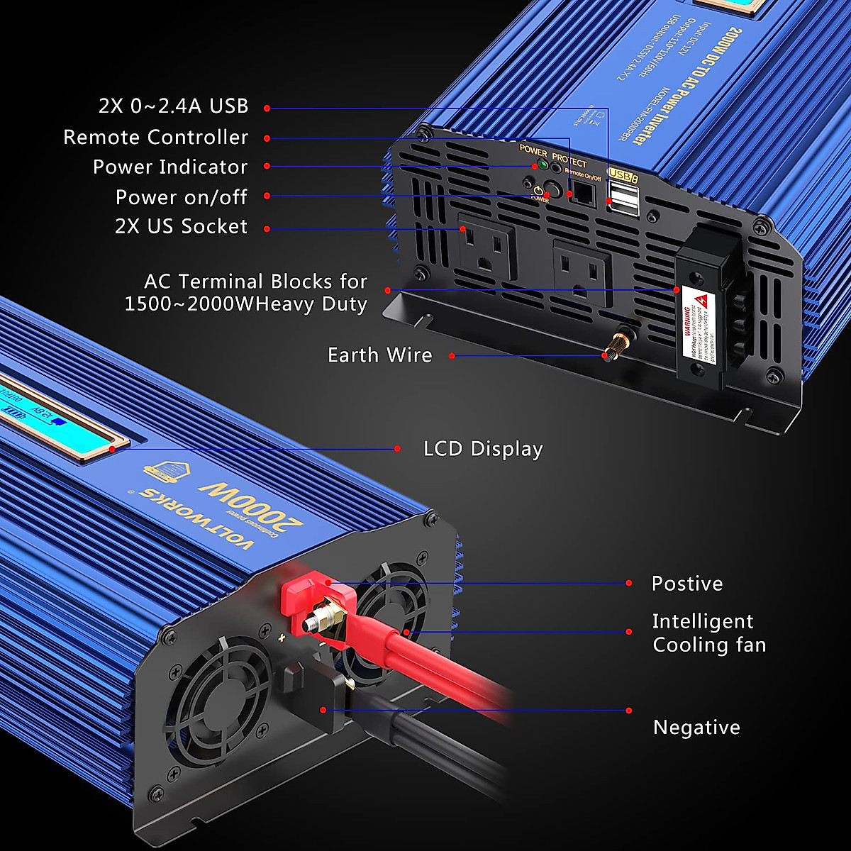 Power Inverter 2000w DC 12V to AC 120V ETL UL458 Modified Sine Wave Inverter with LCD Display Remote Control 2 AC Outlets 1 AC hardwire terminal Dual 2.4A USB Ports for Car RV Truck Boat by VOLTWORKS