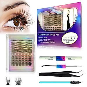 Elubbikok DIY Eyelash Extension Kit with 222PCS Eyelash Clusters, Eyelash Glue and Eyelash Tweezers, Eyelash Extension Beginner's Kit, 3D Natural Curl Personal Eyelash Set