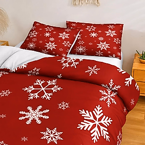 Snowflake Bedding Christmas Duvet Cover Set White Snowflake Red Christmas Printed Xmas Festival Bedding Set King 1 Duvet Cover 2 Pillowcases (King, Snowflake)