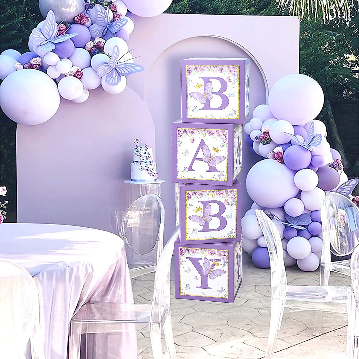 DataMoon Purple Butterfly Baby Shower Boxes Decorations - 4 Purple Balloons Boxes with BABY Letter, Printed Letters,First Birthday Centerpiece Decor, Baby Blocks for Girl, Gender Reveal Backdrop