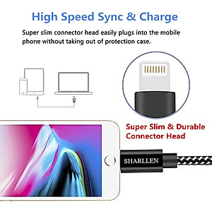 sharllen iPhone Cable 5Pack 3FT/6Foot/10Feet MFi Certified Nylon Braided Fast USB Charging&Syncing Charger Cord Wire Lightning Cable Compatible iPhone11/XS/Max/XR/X/8P/7Plus/6s P/6/6P/iPad/iPod Black