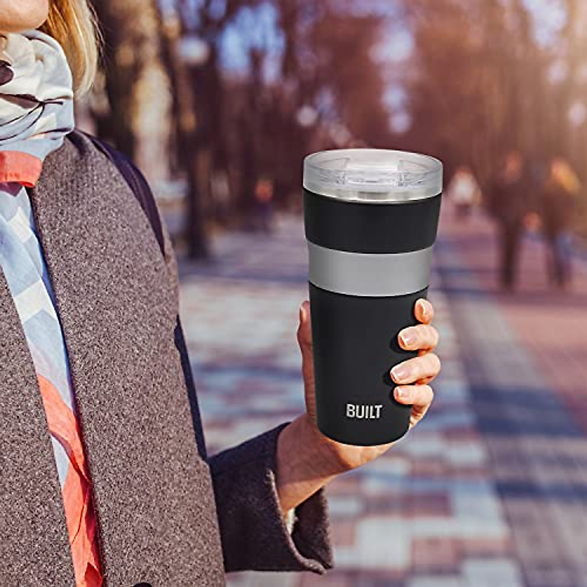 BUILT 24 Ounce Shasta Double Wall Vacuum Insulated Stainless Steel Coffee and Water Tumbler with Easy to Clean Flip to Open Lid, Black