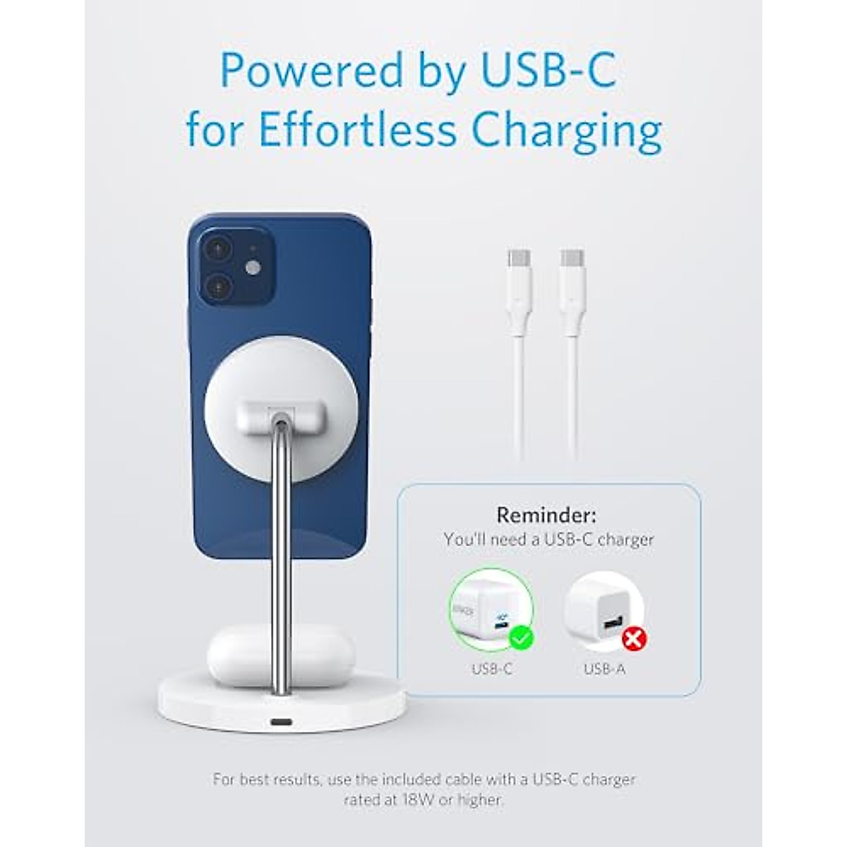 Anker Wireless, PowerWave 2-in-1 Magnetic Charging Stand Lite with USB-C Cable for iPhone 14/14 Pro/14 Plus/14 Pro Max/13/13 Pro /13 Pro Max, AirPods 2/Pro (No AC Adapter)