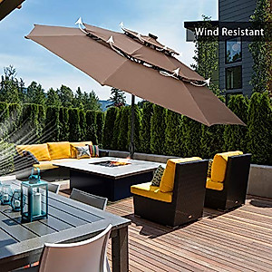 outdoor basic 10Ft 3 Tiers Vented Patio Umbrella Market Table Umbrella with Lights and Crank Handle with Auto-tilt Mechanism Coffee