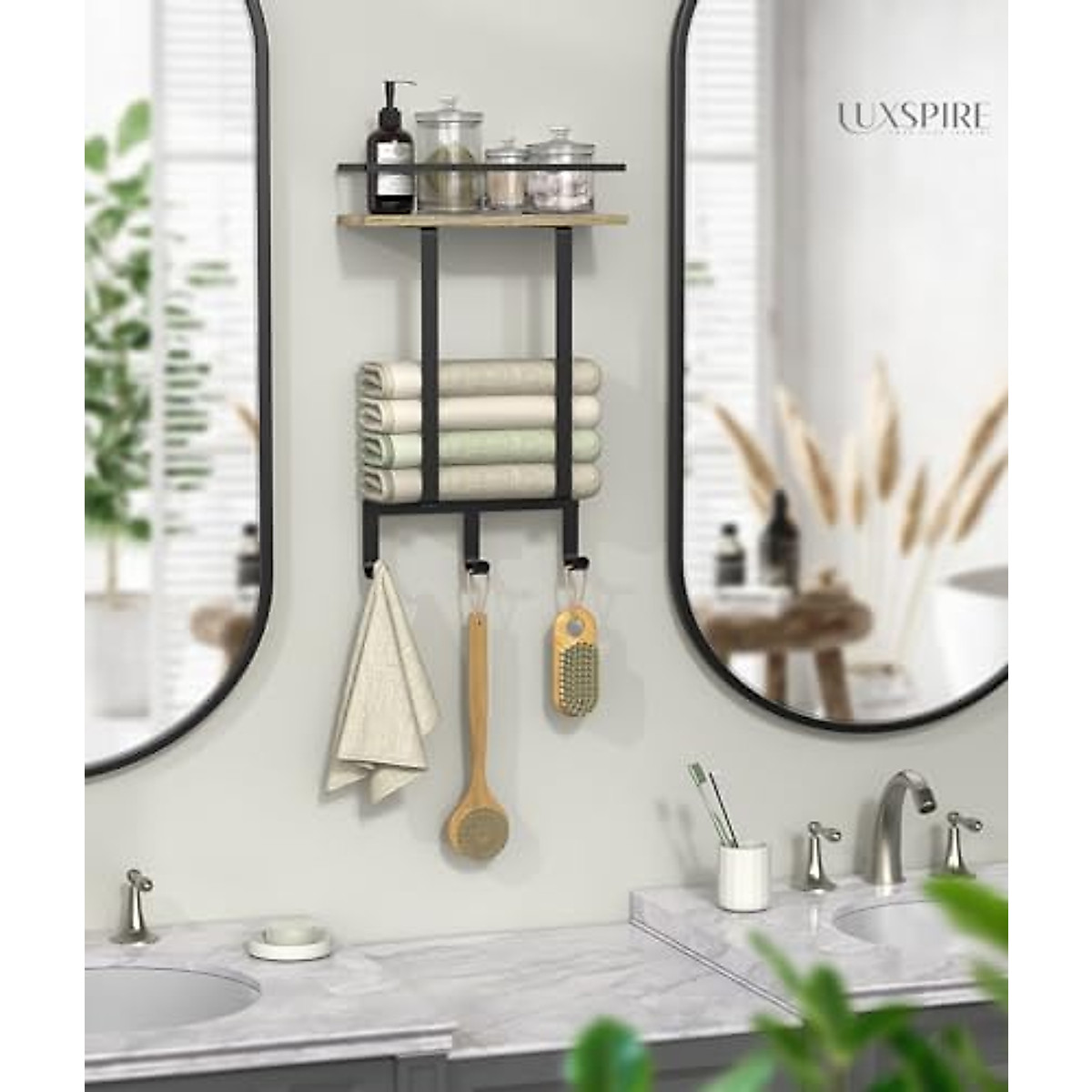 Luxspire Towel Racks Wall Mounted for Bathroom, Towel Holder Wall Mounted with Wooden Floating Shelf & 3 Metal Hooks, Rolled Bath Towel and Hand Towel Rack for Bathroom, Rustic Wooden