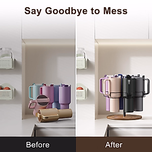 Yeuslor Water Bottle Organizer for Stanley 40 oz Tumbler with Handle, Rotatable Stanley Cup Organizer Holder, Kitchen Organizers and Storage for Stanley Cup Accessories, Wooden Base(Black)