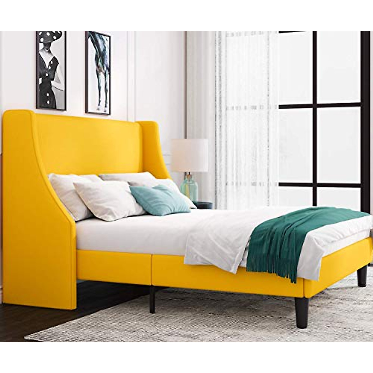 Allewie Queen Bed Frame, Platform Bed Frame Queen Size with Upholstered Headboard, Modern Deluxe Wingback, Wood Slat Support, Mattress Foundation, Light Yellow