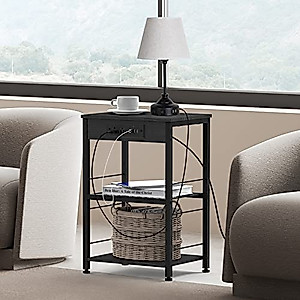 NORCEESAN Nightstand with Charging Station End Table with USB Ports and Power Outlets Side Tables Bedroom with Storage Shelves Industrial End Table 3 Tier (Black)
